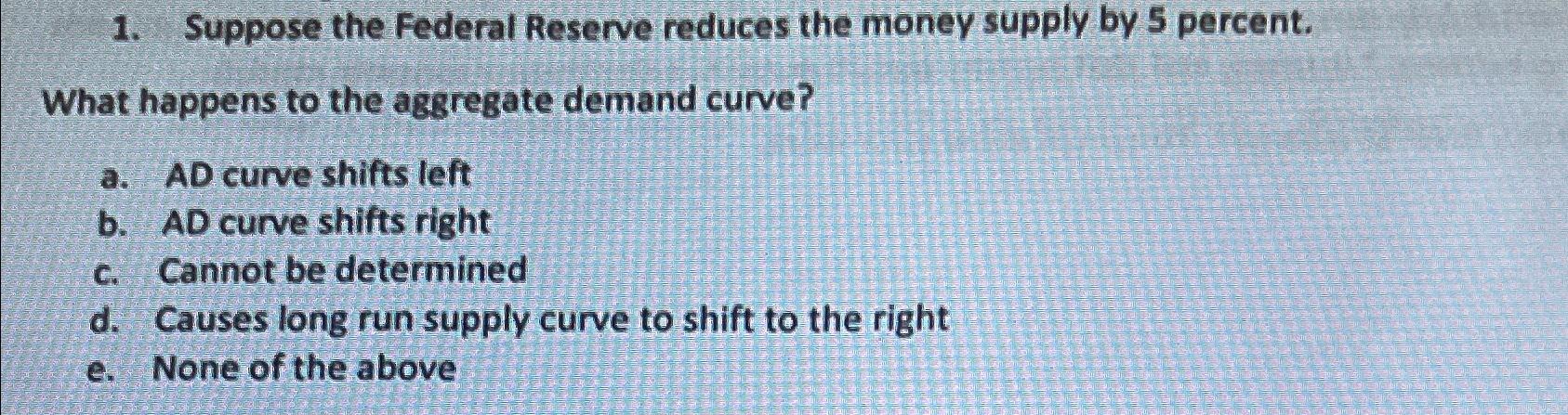 Solved Suppose the Federal Reserve reduces the money supply | Chegg.com