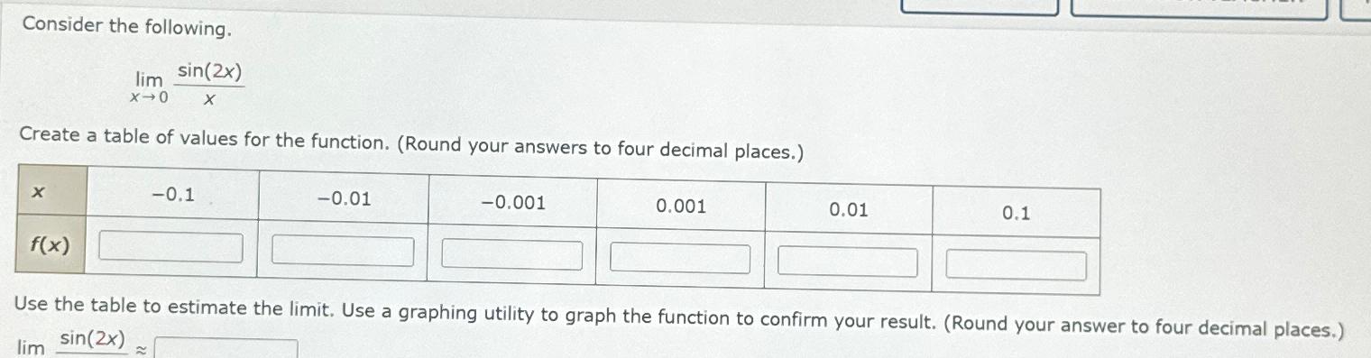 Solved Consider the following.limx→0sin(2x)xCreate a table | Chegg.com