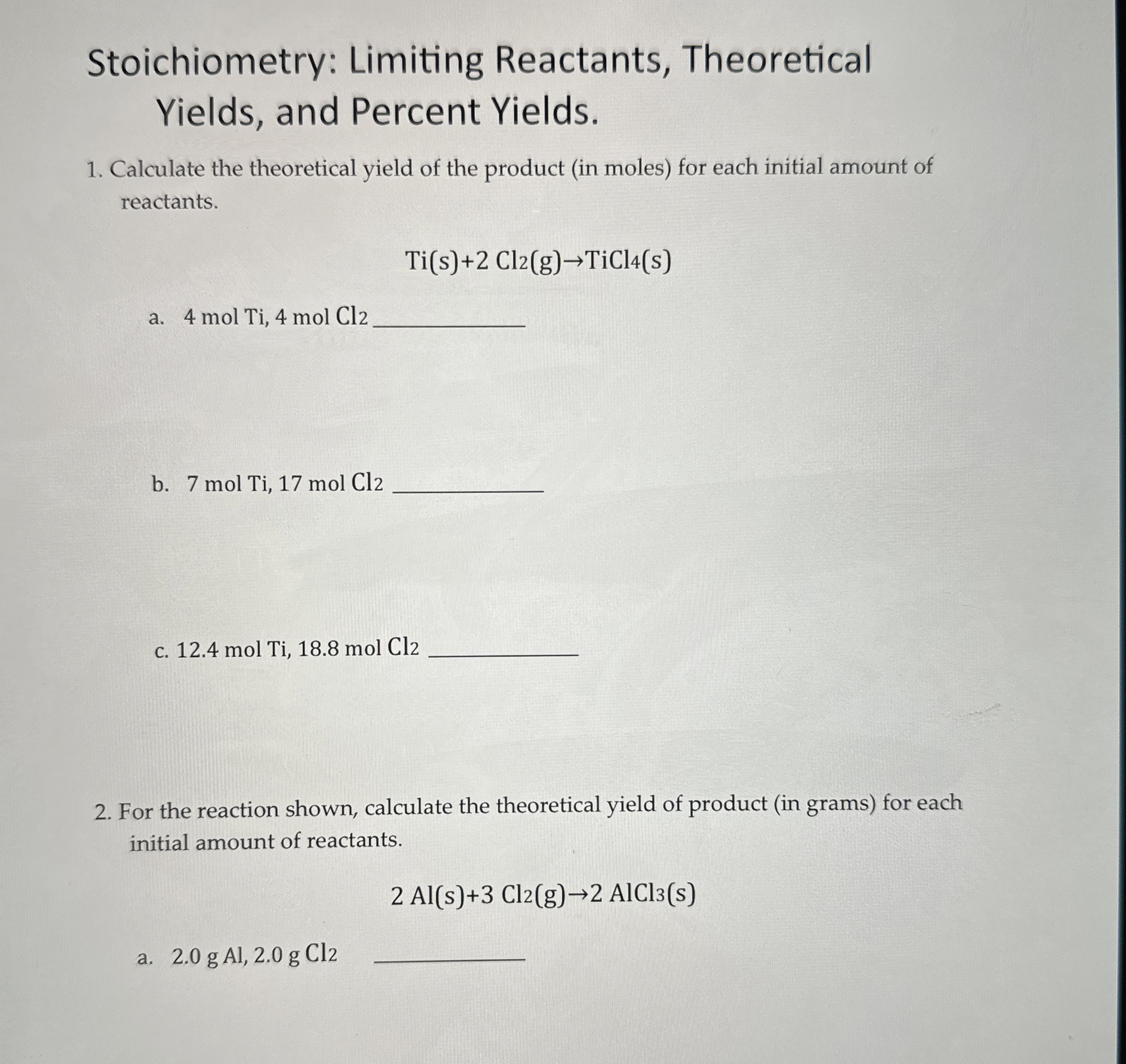 Solved Stoichiometry: Limiting Reactants, Theoretical | Chegg.com