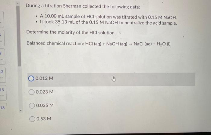 Solved . During a titration Sherman collected the following | Chegg.com