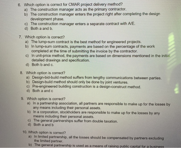 Solved 6. Which option is correct for CMAR project delivery | Chegg.com