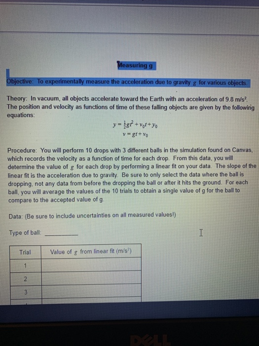Solved Measuring g Objective To experimentally measure the | Chegg.com