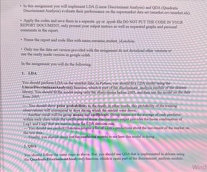- In this assignment you will implement LDA (Linear | Chegg.com