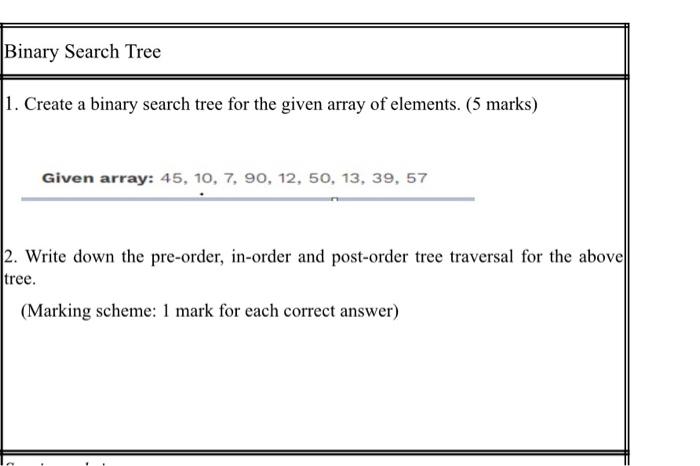 Solved Binary Search Tree 1. Create a binary search tree for | Chegg.com