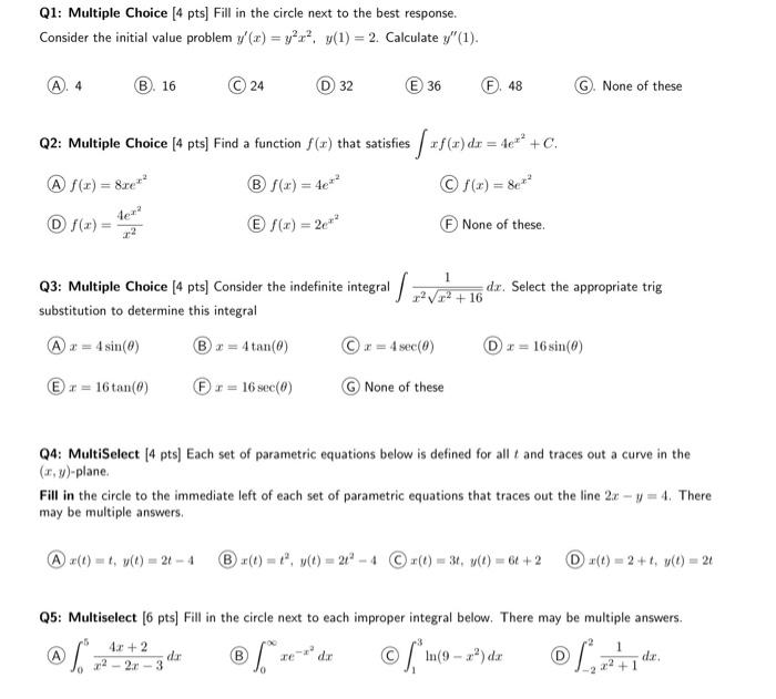 Solved Q1: Multiple Choice (4 pts) Fill in the circle next | Chegg.com