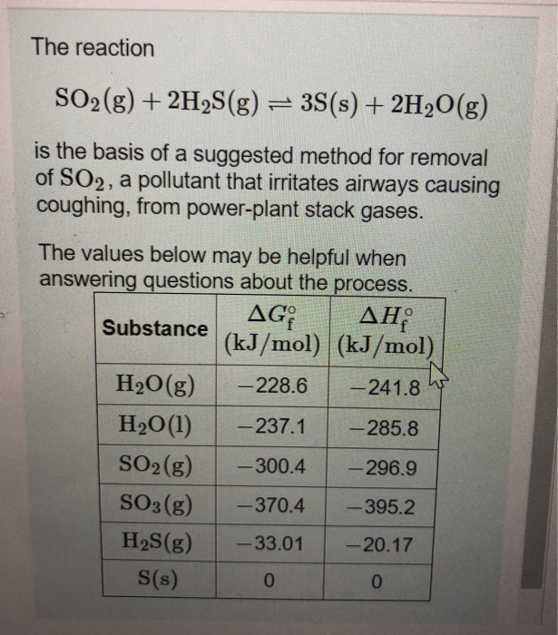 Solved The reaction SO2(g) + 2H2S(g) = 3S(s) + 2H2O(g) is | Chegg.com