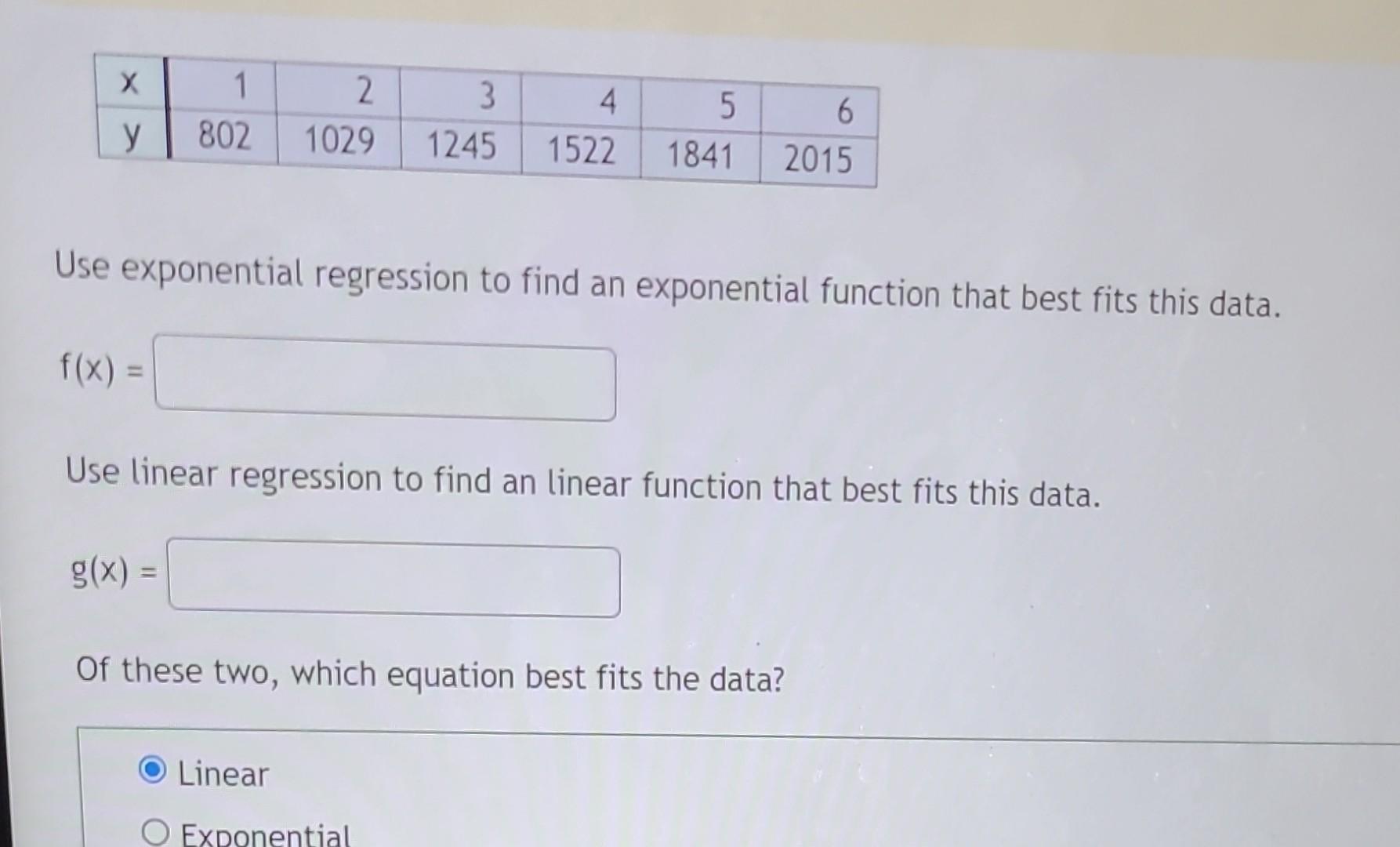 Solved Use exponential regression to find an exponential | Chegg.com