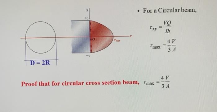 Solved - For a Circular beam, τxy=IbVQτmax=34AV Proof that | Chegg.com