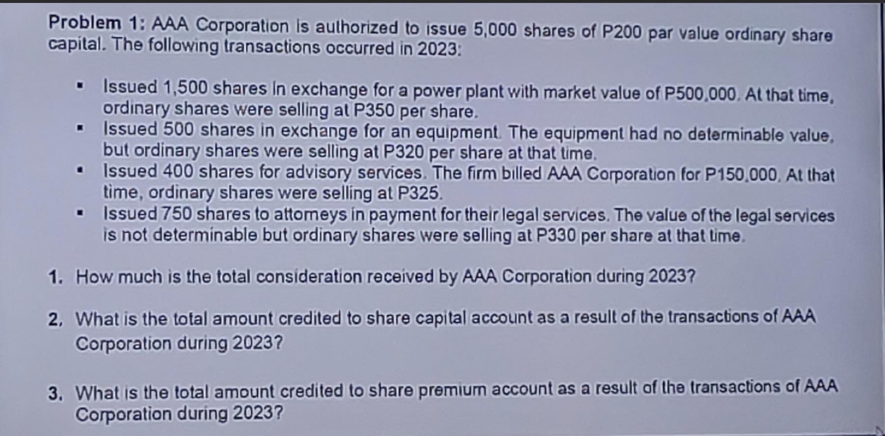 Solved Problem 1: AAA Corporation is authorized to issue | Chegg.com