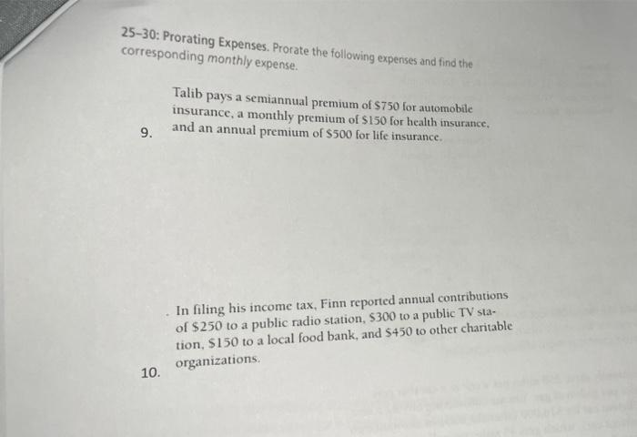 Solved 25-30: Prorating Expenses. Prorate the following | Chegg.com