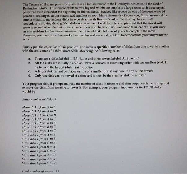 Solved The Towers of Brahma puzzle originated in an Indian | Chegg.com