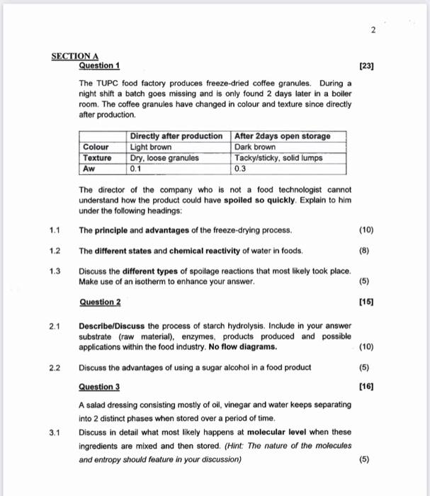 Solved 2 SECTION A Question 1 [23] The TUPC food factory | Chegg.com