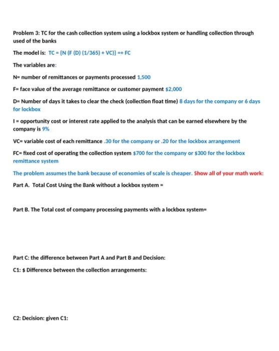 Solved Problem 3: TC for the cash collection system using a | Chegg.com