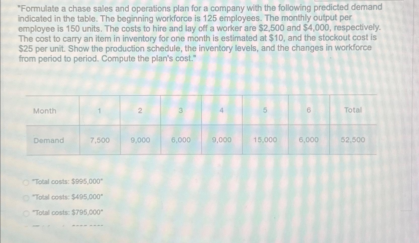 Solved "Formulate a chase sales and operations plan for a | Chegg.com