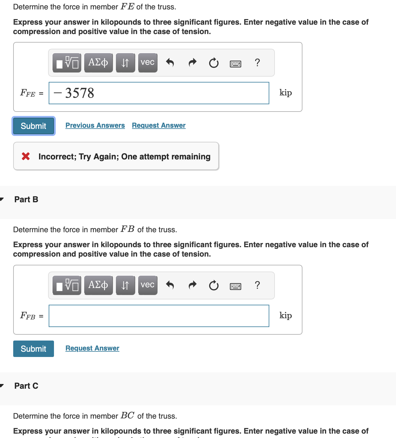Solved Determine the force in members FE, ﻿FB, ﻿and BC of | Chegg.com