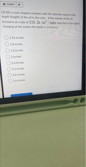 Solved Oil fills a cone-shaped container with the diameter | Chegg.com