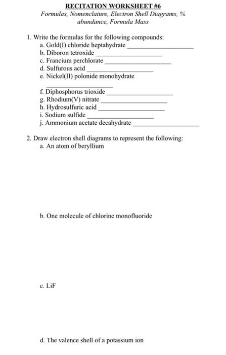 Solved RECITATION WORKSHEET \#6 Formulas, Nomenclature, | Chegg.com