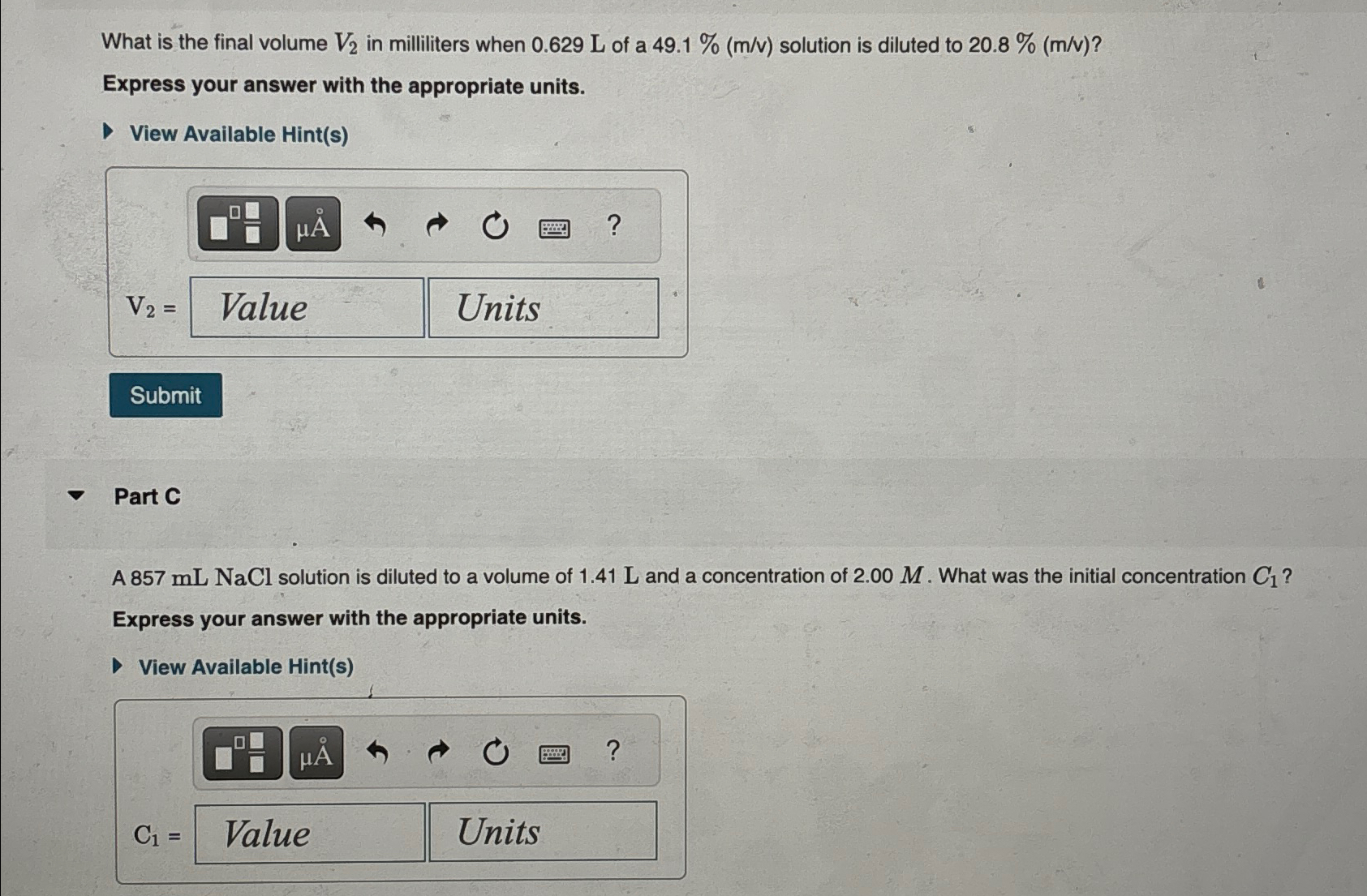 Solved What is the final volume V2 ﻿in milliliters when | Chegg.com