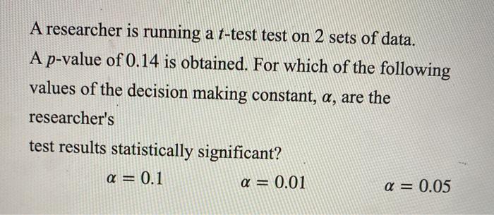 Solved A researcher is running a t-test test on 2 sets of | Chegg.com