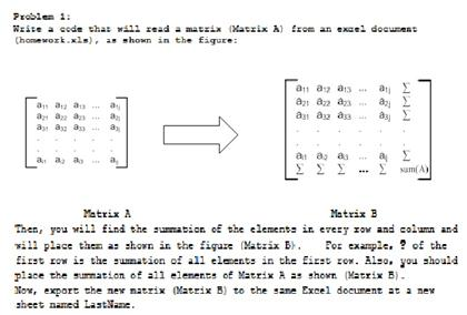 Solved Write a code that will read a matrix from an excel | Chegg.com