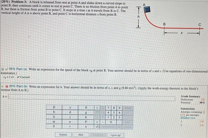 Solved 20 Problem 3 A Block Is Released From Rest At 2086