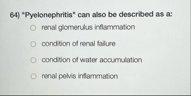 Solved "Pyelonephritis" can also be described as a:renal | Chegg.com