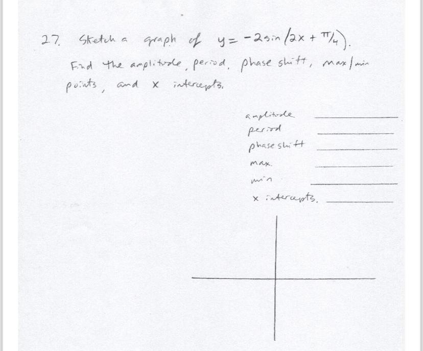Solved Sketch a graph of y=-2sin(2x+π4).Find the amplitude, | Chegg.com