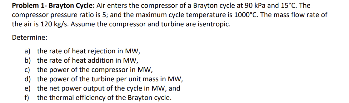Solved Problem 1- ﻿Brayton Cycle: Air enters the compressor | Chegg.com