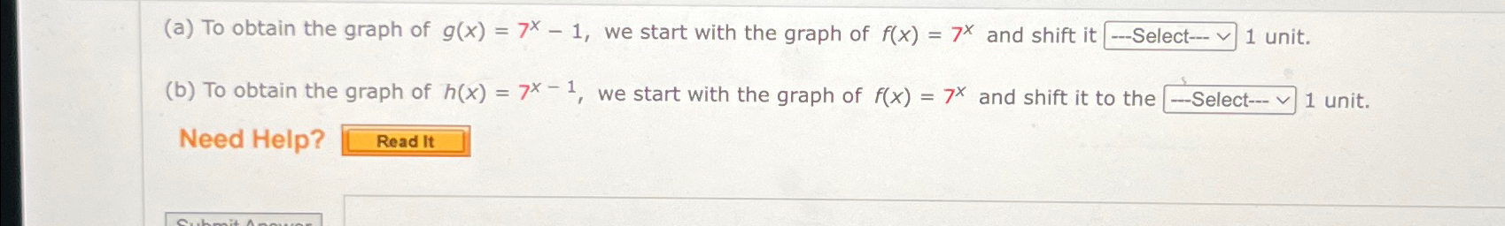 Solved (a) ﻿To obtain the graph of g(x)=7x-1, ﻿we start with | Chegg.com
