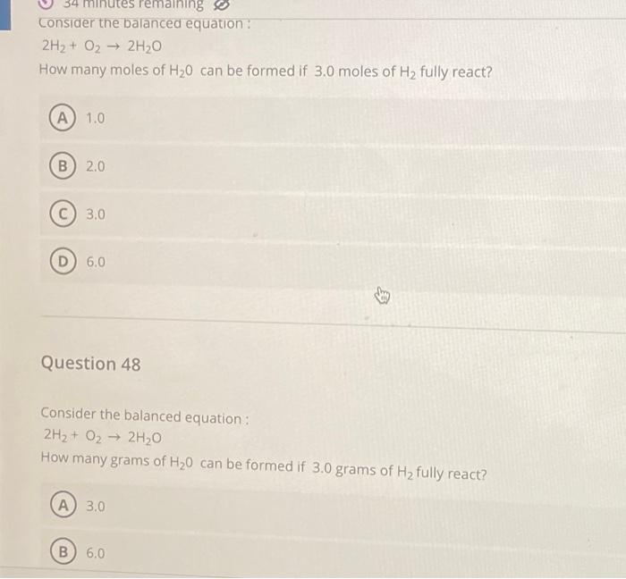 Solved Consider the balanced equation: 2H2+O2→2H2O How many | Chegg.com