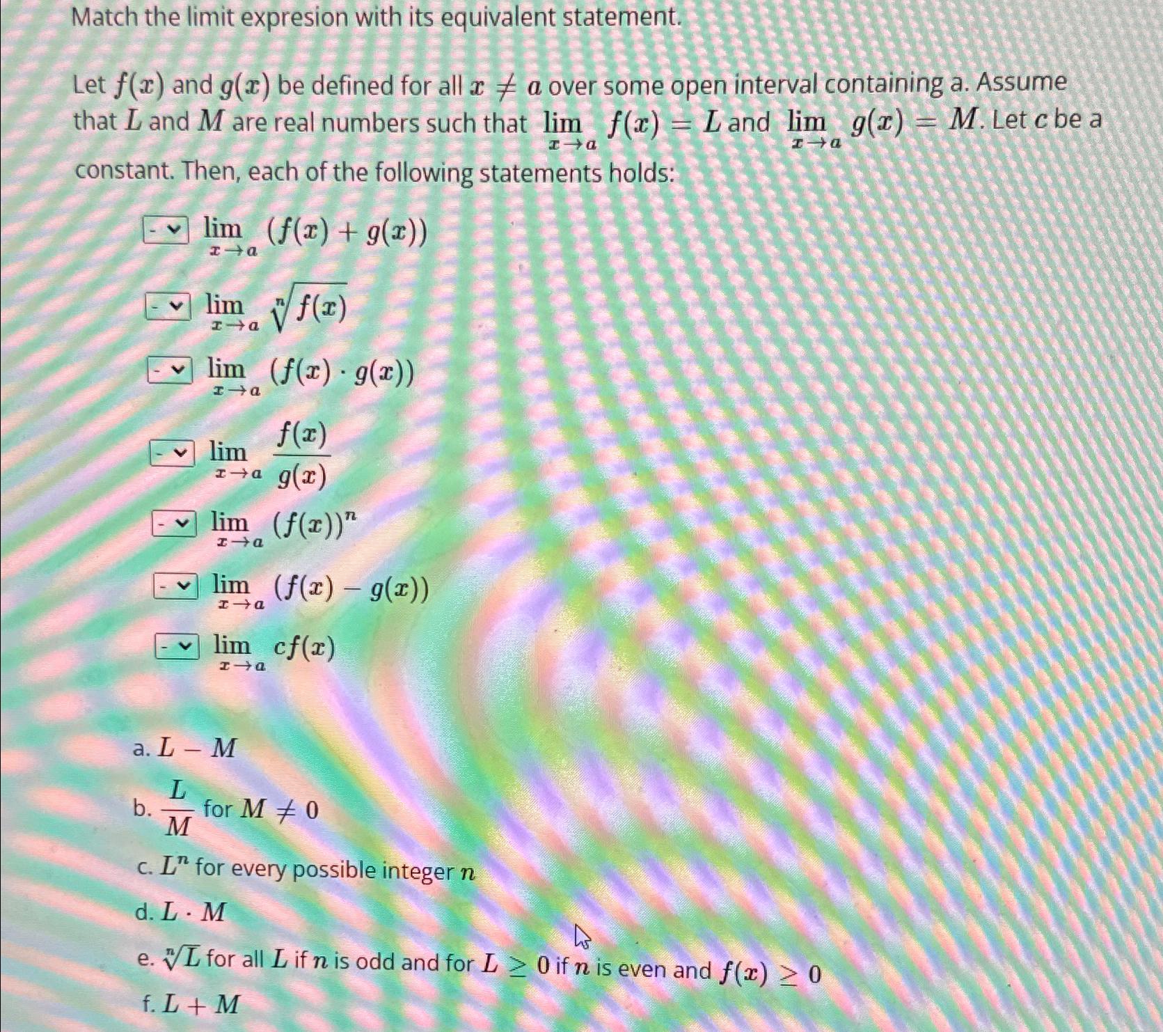 Solved Match the limit expresion with its equivalent | Chegg.com