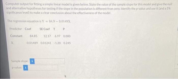 Solved omputer output for fitting a simple linear model is | Chegg.com