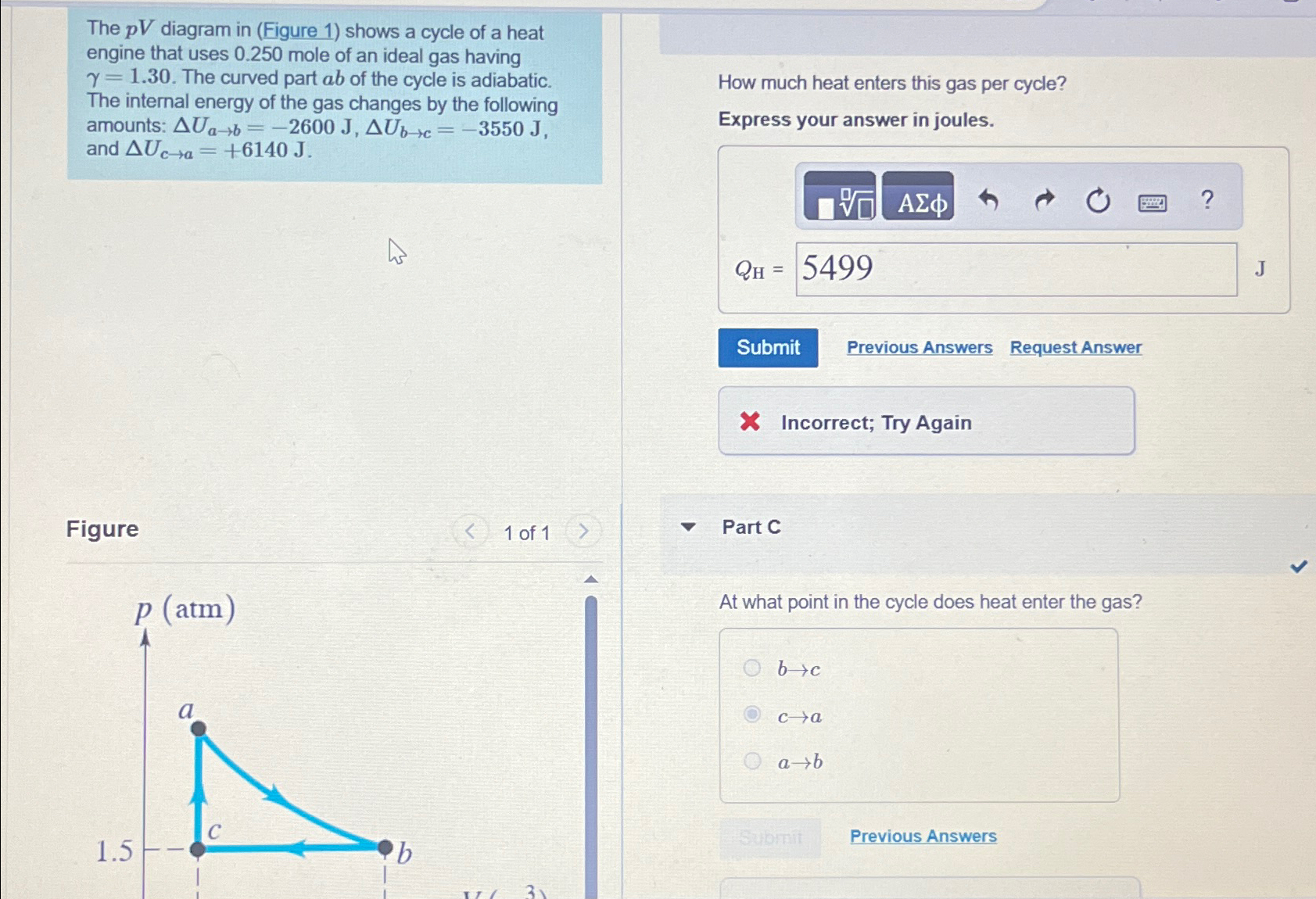 Solved The pV ﻿diagram in (Figure 1) ﻿shows a cycle of a | Chegg.com