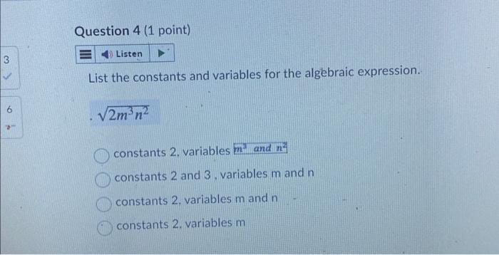 Solved List the constants and variables for the algebraic | Chegg.com