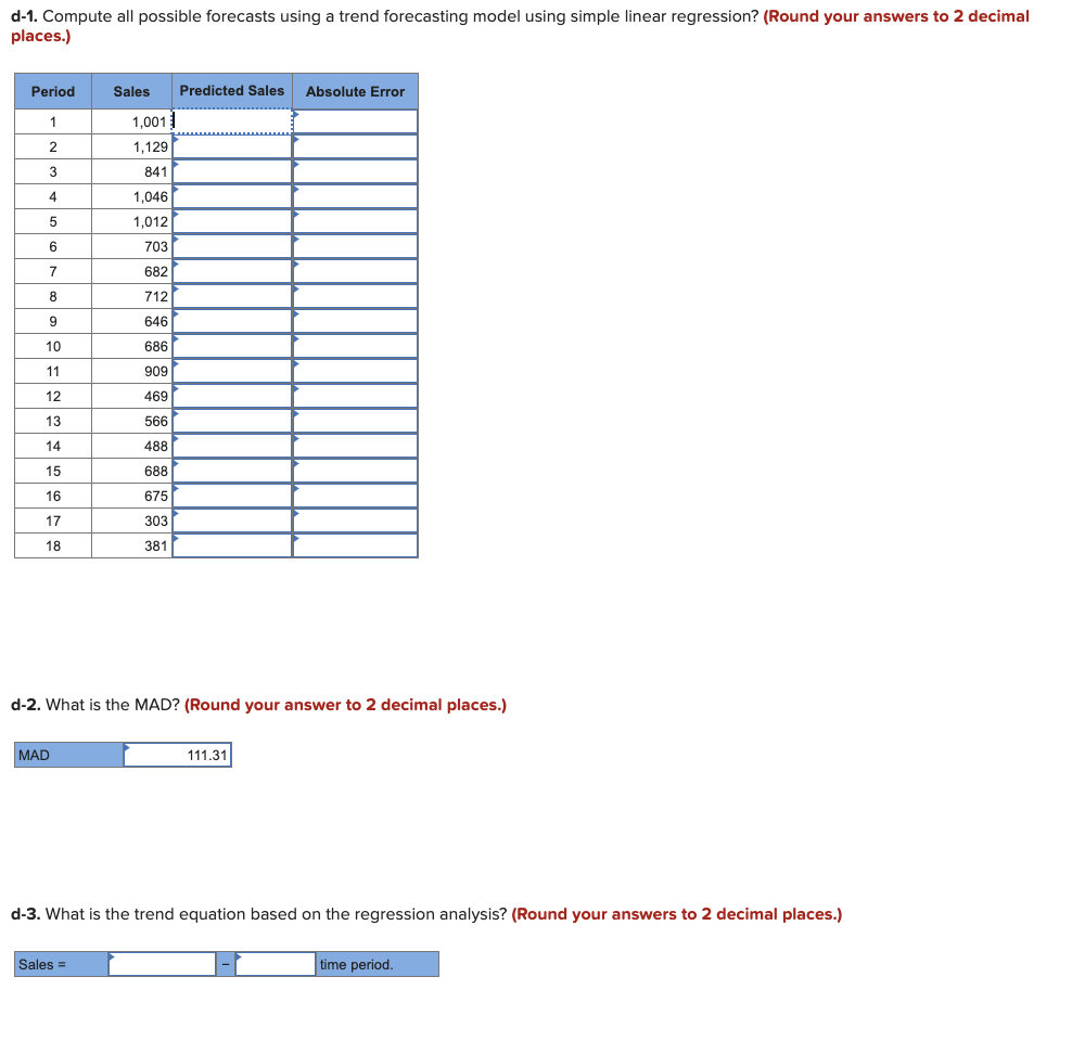 Solved d-1. ﻿Compute all possible forecasts using a trend | Chegg.com