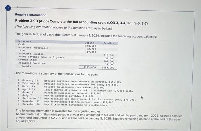 Solved Required information Problem 3-9B (Algo) Complete the | Chegg.com