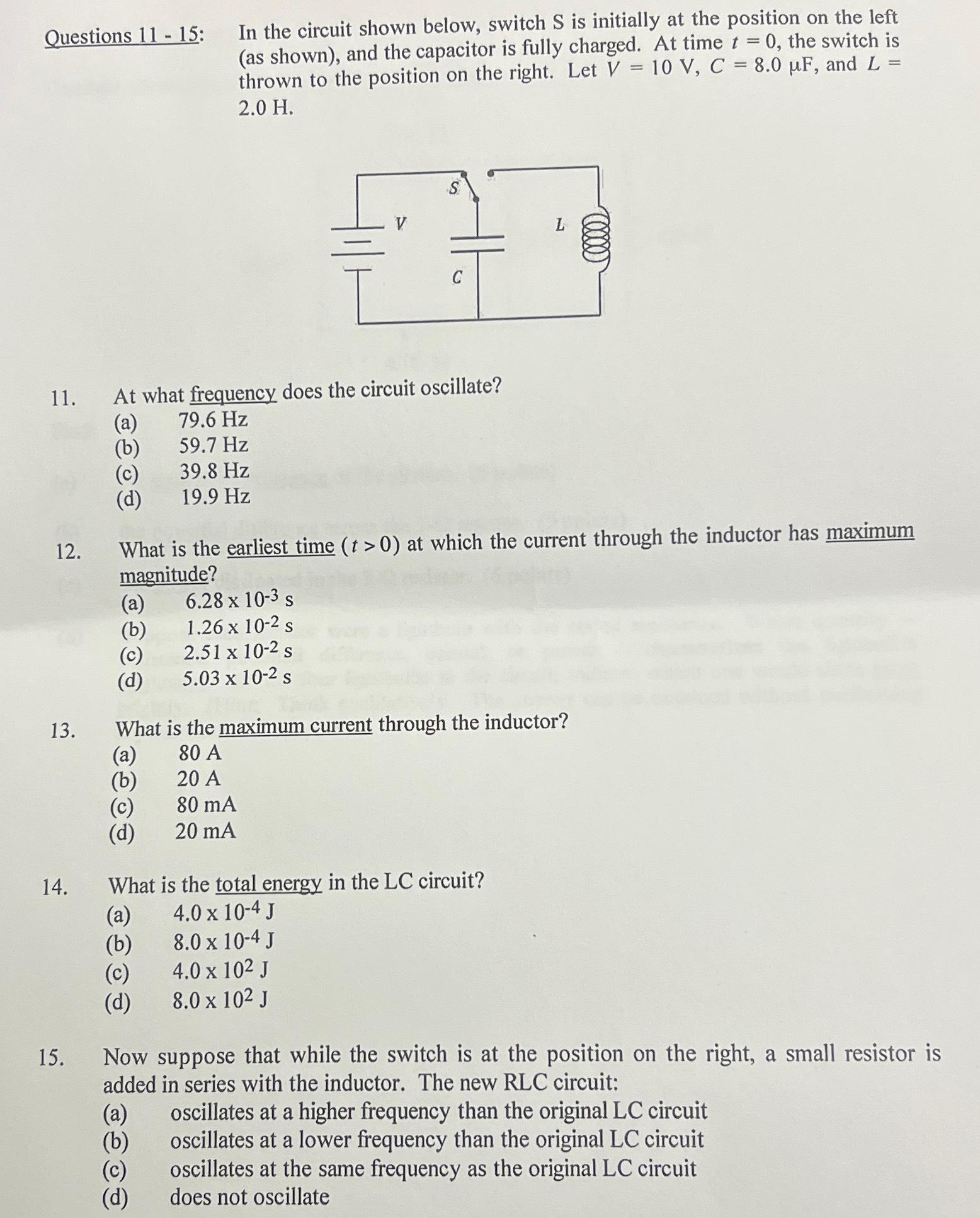 Solved Questions 11-15 ﻿: In the circuit shown below, switch | Chegg.com
