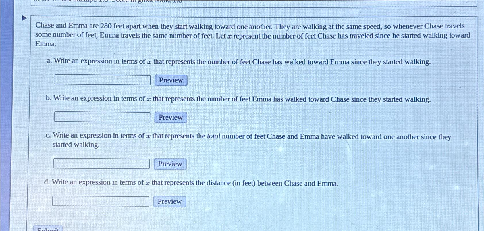 Solved Chase and Emma are 280 ﻿feet apart when they start | Chegg.com