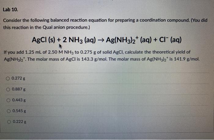 Solved Lab 10. Consider the following balanced reaction | Chegg.com
