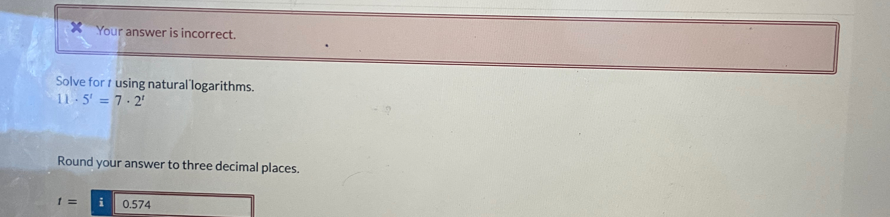 Solved Your answer is incorrect.Solve for t ﻿using | Chegg.com