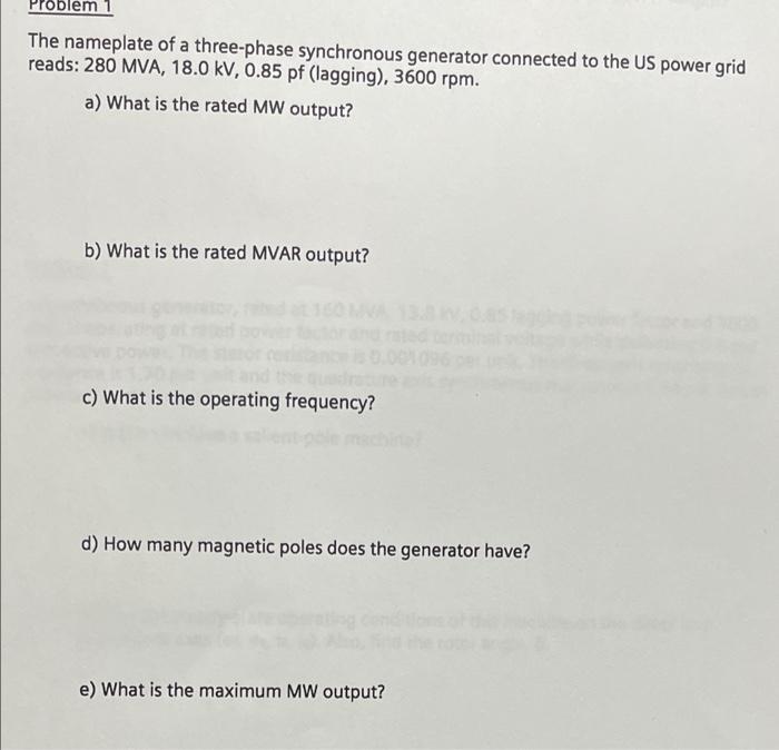 Solved The nameplate of a three-phase synchronous generator | Chegg.com