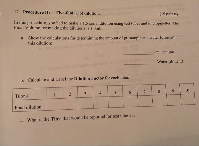17. Procedure II: Five-fold (1:5) dilution. (15 | Chegg.com