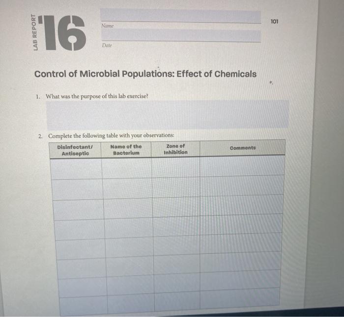Solved 101 Name LAB REPORT '16 Date Control of Microbial | Chegg.com