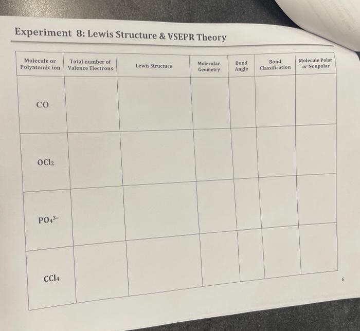 Solved Experiment 8: Lewis Structure & VSEPR Theory NAME: | Chegg.com