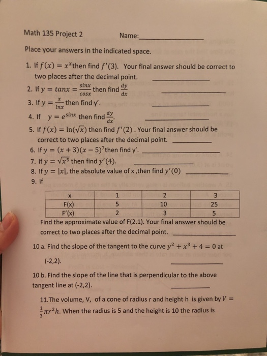 Solved Math 135 Project 2 Name: Place your answers in the | Chegg.com