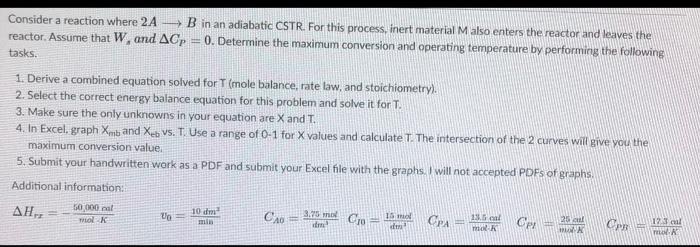 Solved Consider a reaction where 2A —B in an adiabatic CSTR. | Chegg.com