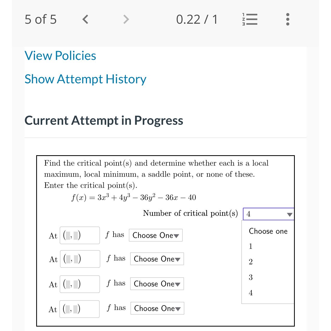 Solved 5 ﻿of 50.221䢒三View PoliciesShow Attempt | Chegg.com
