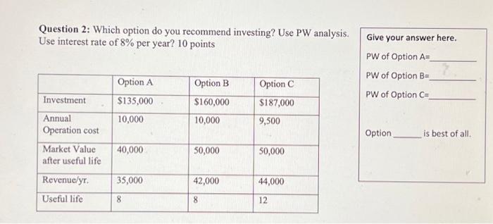 Solved Question 2: Which option do you recommend investing? | Chegg.com
