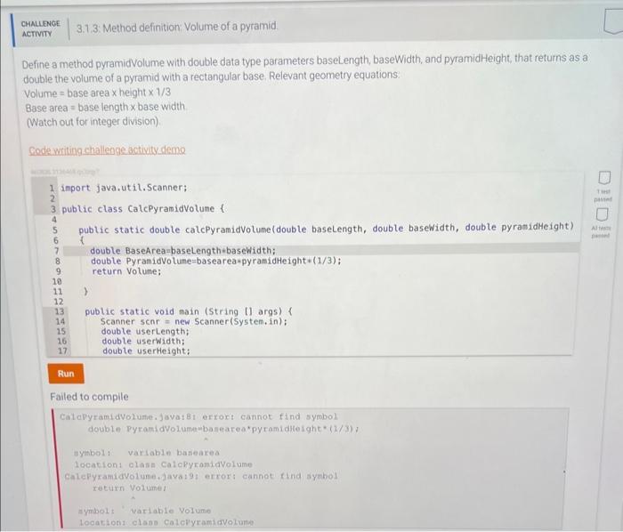 Solved Define a method pyramidVolume with double data type | Chegg.com