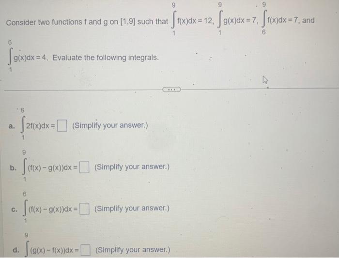 Solved Consider two functions f and g on [1,9] such that | Chegg.com
